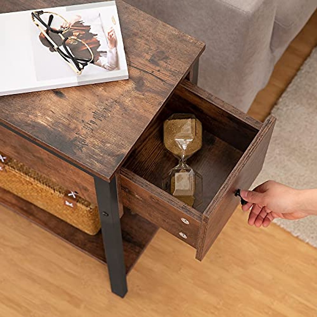 HOOBRO Side Table, 2-Tier Nightstand with Drawer, Narrow End Table for Small Spaces, Stable and Sturdy Construction, Wood Look Accent Furniture with Metal Frame, Rustic Brown and Black BF04BZ01