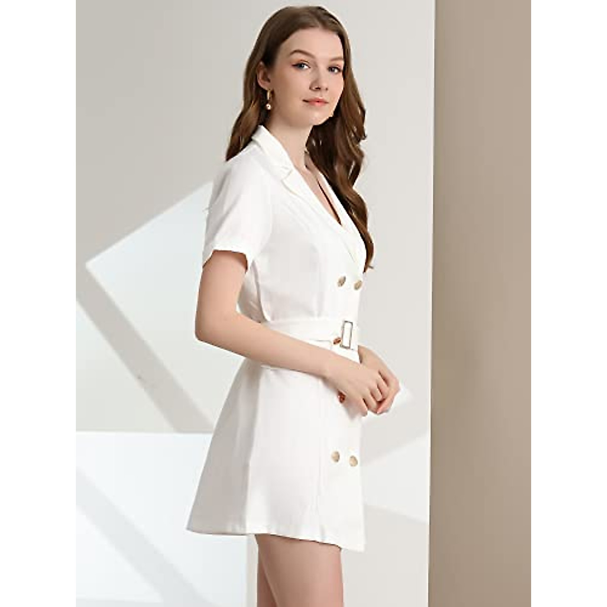 Allegra K Women's Notched Lapel Double Breasted Casual Work Office Belted Blazer Dress Medium White