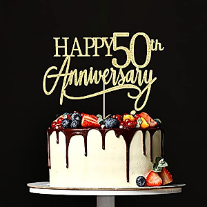 Happy 50th Anniversary Cake Topper,Gold Glitter 50th Birthday， 50Anniversary Party Decoration Supplies，Wedding Anniversary Party Decoration