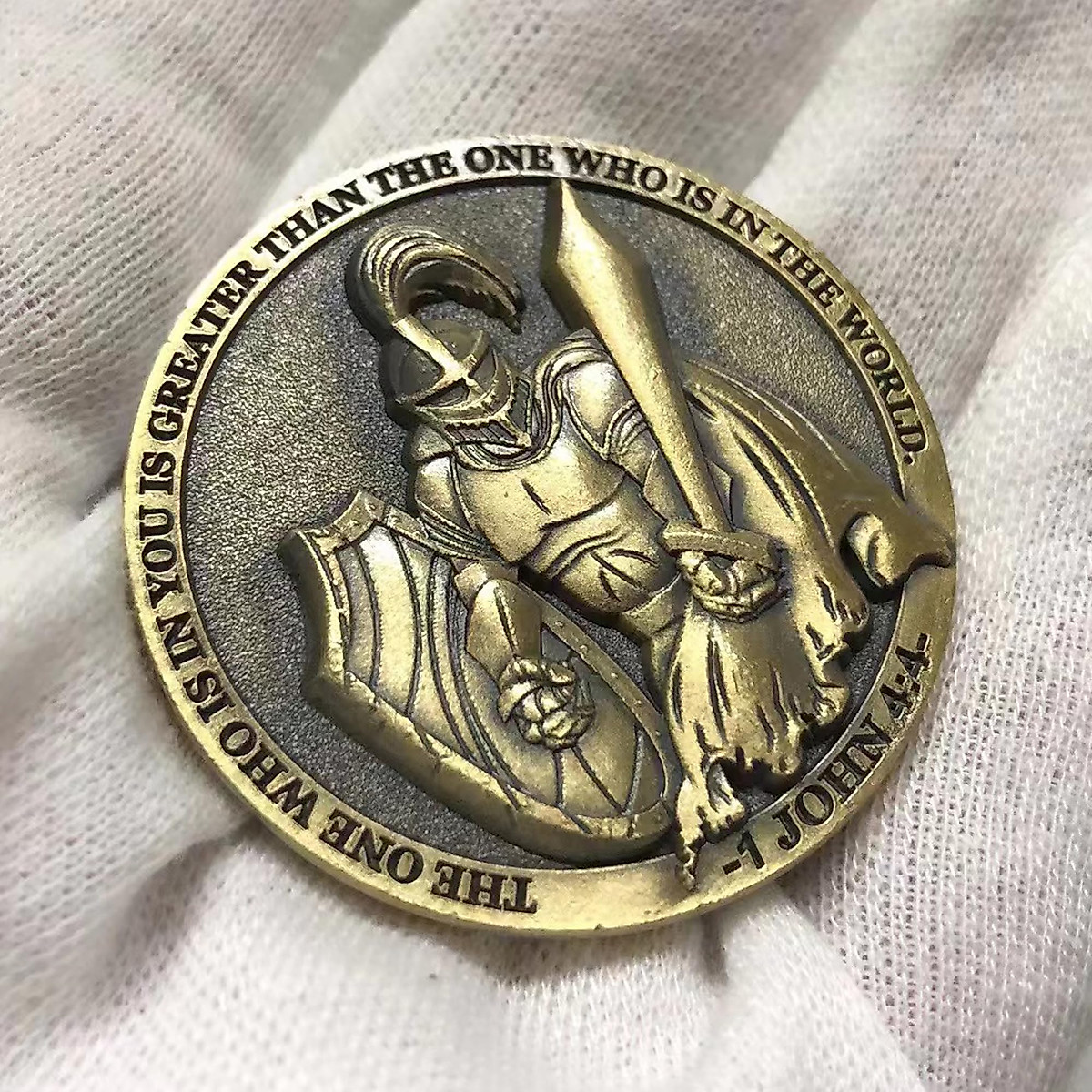 The Task Ahead Christian Challenge Coin Featuring A Fully Armored Warrior and Scripture John 4:4, Bible Verses Pocket Token (Single Coin)