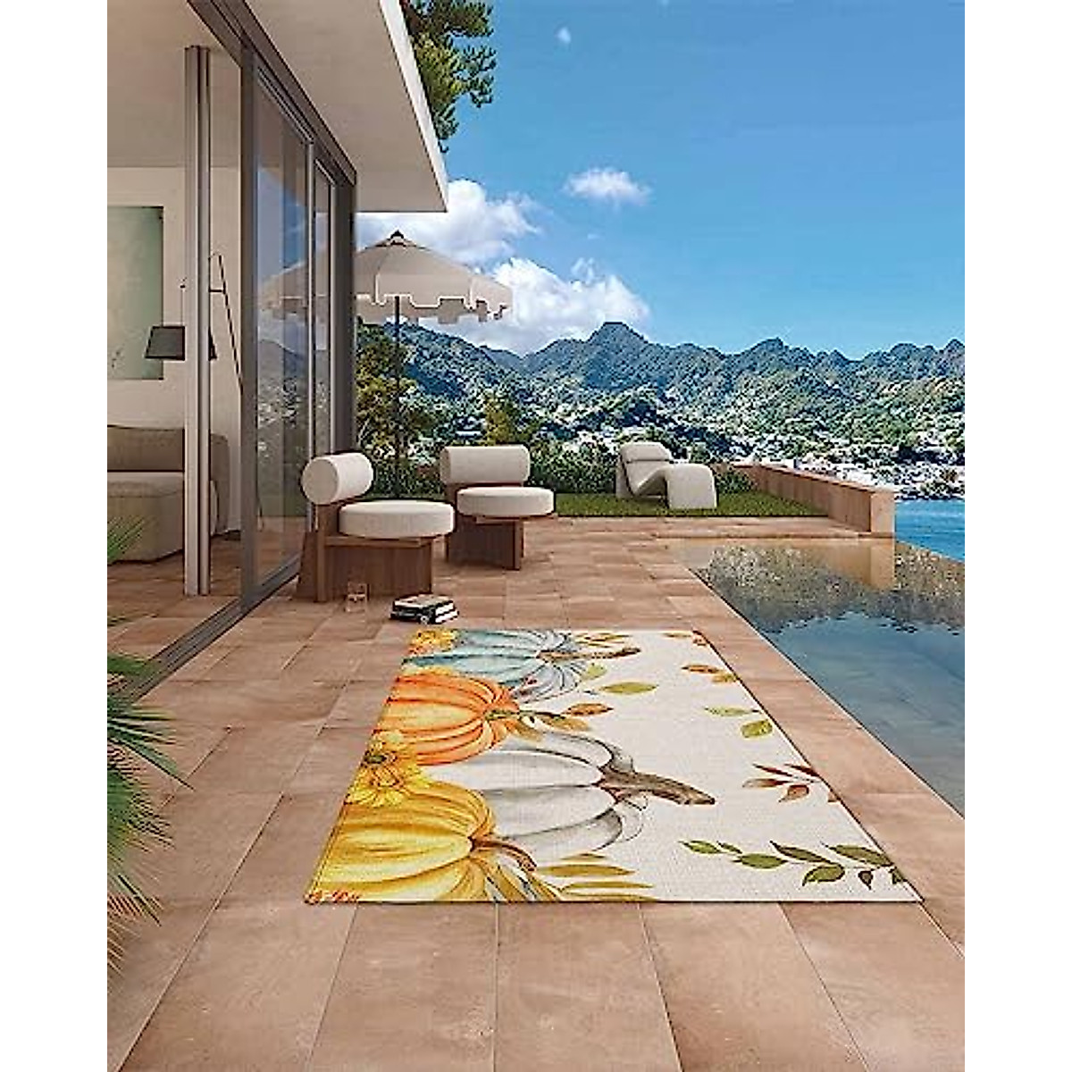 Thanksgiving Fall Outdoor Rug for Patio/Deck/Porch, Non-Slip Area Rug 6x9 Ft, Orange Teal Grey Pumpkin Maple Leaf Rustic Indoor Outdoor Rugs Washable Area Rugs, Reversible Camping Rug Carpet Runner