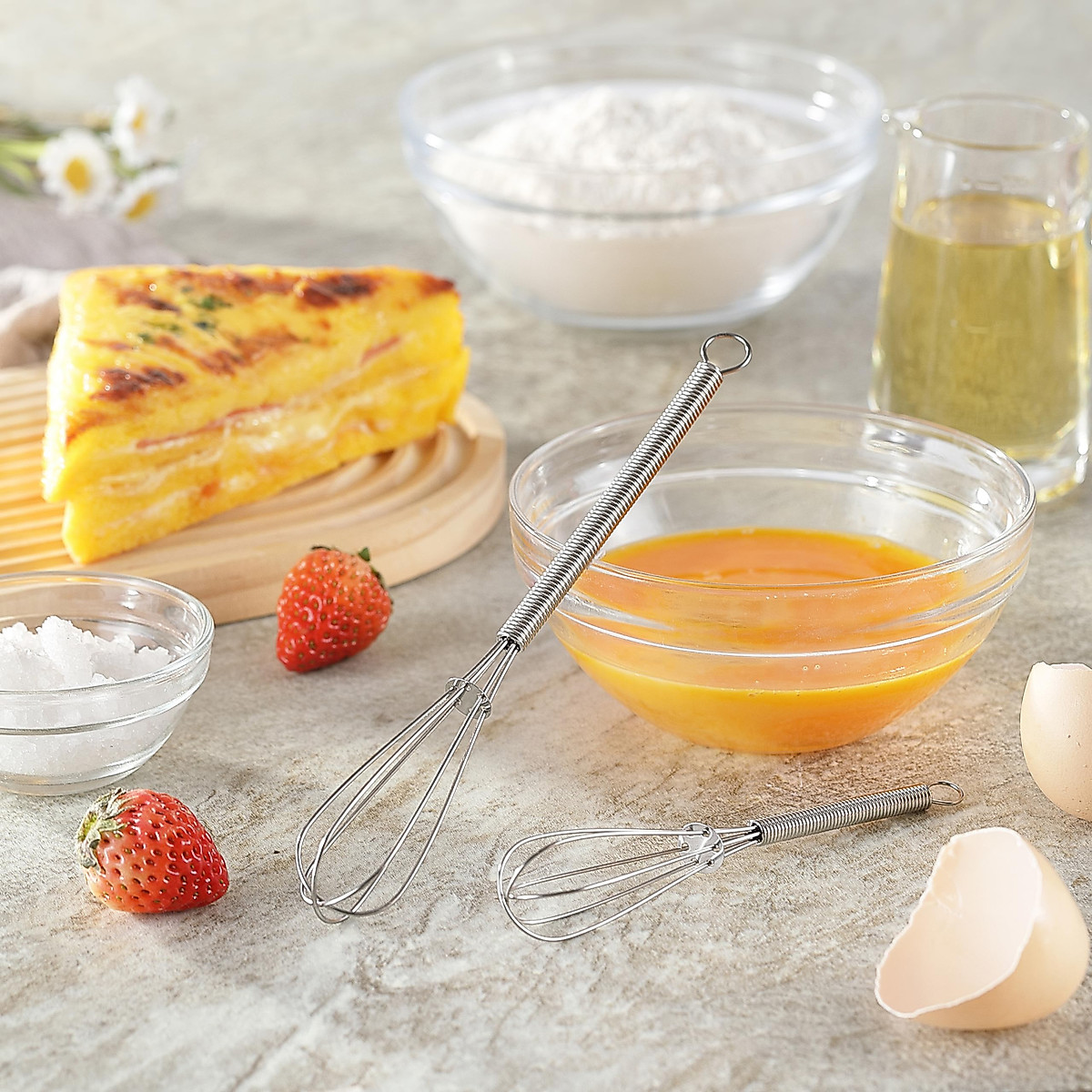 2PCS Mini Whisk, Stainless Steel 5 in and 7 in Small Tiny Whisks for Cooking, Whisking, Beating, Blending Ingredients and Mixing Sauces, 6 Wire Design, Ergonomic Spiral Handle, (Silver)