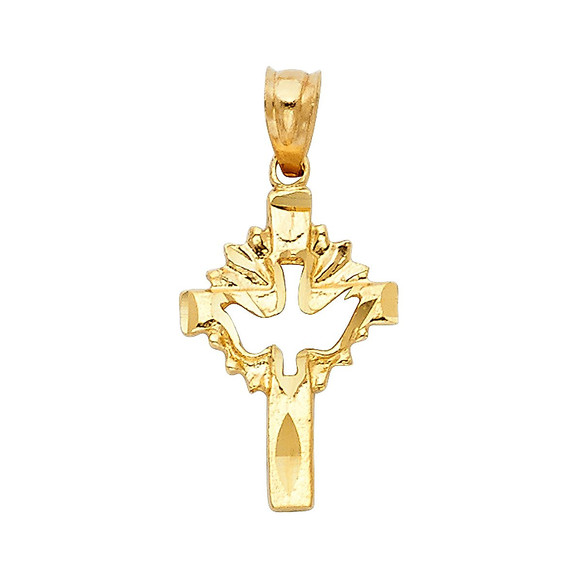 14k Yellow Gold Religious Cross with Holy Spirit Dove Pendant