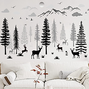 8 Pieces Winter Forest Wall Stickers Nursery Snowflake Wall Decals Dreamy Forest Wall Stickers Deer Pine Tree Wall Decals Woodland Trees Wall Decals for Kids Room Winter Decor(Black, White, Gray)