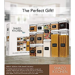 Shazo Airtight Food Storage Containers 12 PC Set, Kitchen Pantry Organization Plastic Containers + Labels +Marker BPA FREE Food Storage Container for Sugar, Rice, Cereal, Flour + Interchangeable Lids