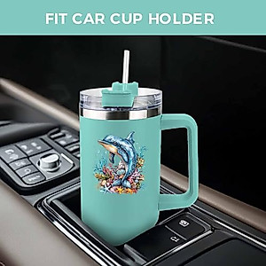 40 ounce insulated cup with handle, double-layer vacuum stainless steel material, equipped with straw, can keep warm or maintain cold drinks Summer Animal Dolphin Starfish Lake Green