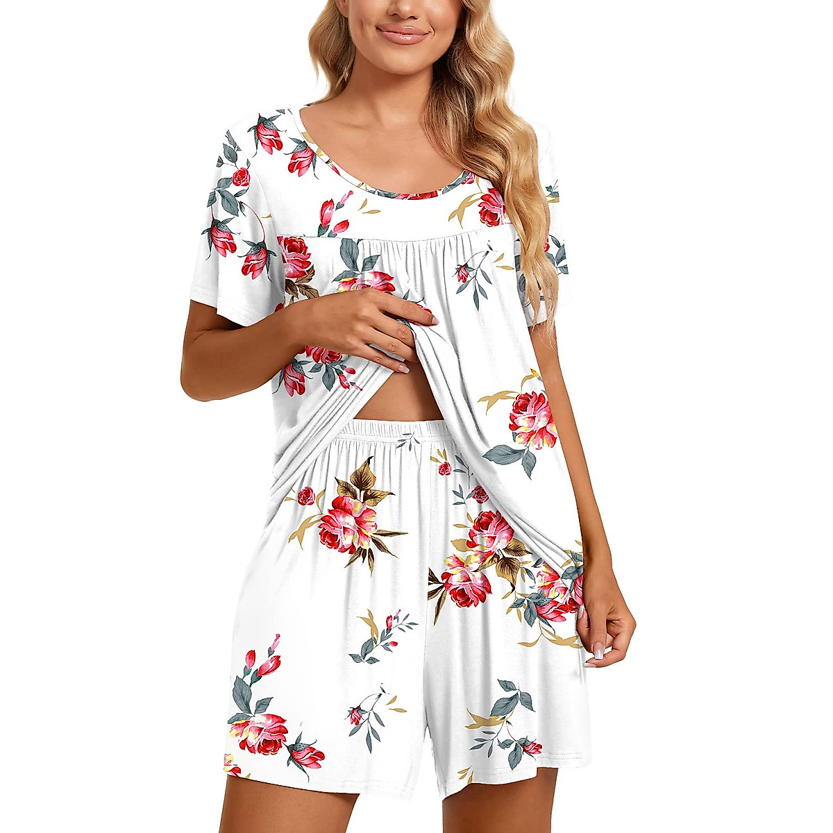 TAOHUADAO Womens Summer 2 Piece Pajama Sets, Short Sleeve Pleated Tunic Tops with Comfy Shorts, Lounge Sleepwear Ladies Pjs Sets with Pockets M, Floral White