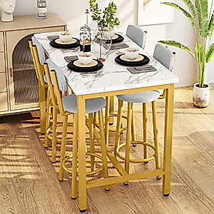 Lamerge Dining Table Set for 4 Bar Table and Chairs Set Faux Marble Counter Height Dining Table Set with 4 PU Upholstered Stools Kitchen Pub Table for Kitchen, Restaurant, Space Saving, Gold and White