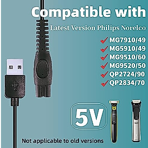 Qjin USB-A Charging Cable for Latest Version Philips Norelco MG5910/49 MG7910/49 MG9510/60 MG9520/50 QP2724/90 QP2834/70 Trimmer Replacement Power Cord, 2 Pcs