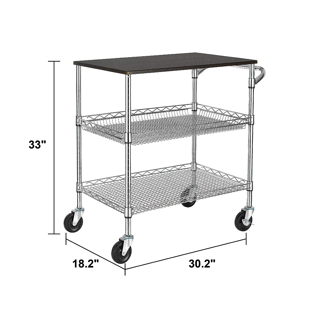 Finnhomy 3 Tier Heavy Duty Commercial Grade Utility Cart with Wood Top, Wire Rolling Cart with Handle Bar, Steel Service Cart with Wheels, Utility Shelf Food Storage Trolley, NSF Listed