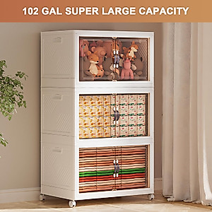 Hvozwi 408QT Collapsible Storage Bins with Lids, Closet Organizer and Storage Drawer with Wheels, Stackable Storage Bins, Plastic Folding Storage Cabinet Cube for Home Office Dorm Room