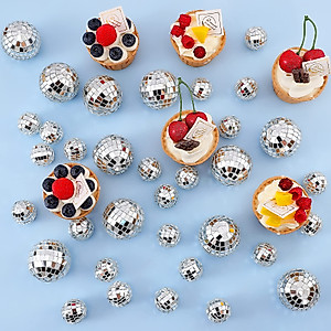 Calluace 50 Pcs Mirror Disco Balls Ornaments,Reflective Mini Disco Ball Decorations,Silver Mini Disco Balls,Disco Ball Ornament for Festive Holiday Party Decor (1.2 Inch, 2 Inch)