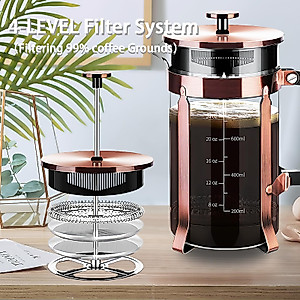 YMMIND French Press Coffee Maker 304 Stainless Steel Coffee Press,with 4 Filters System, Heat Resistant Thickness Borosilicate French Press Glass, BPA-Free Brewed Tea Pot Coffee Plunger