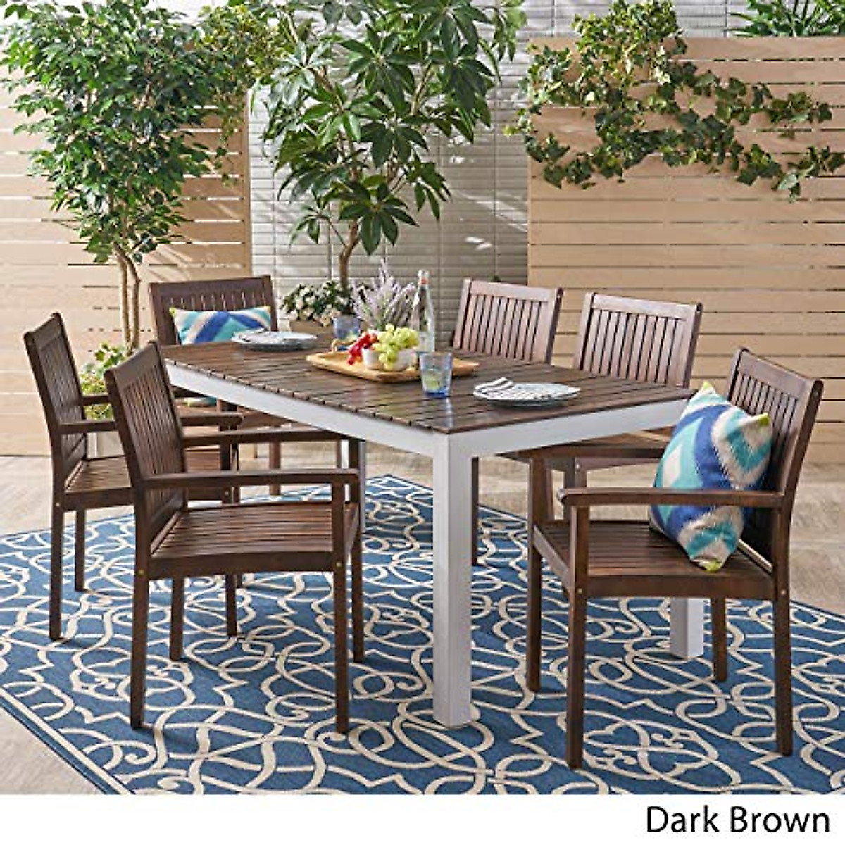Christopher Knight Home Noe Outdoor 7-Piece Acacia Wood Dining Set, Dark Brown and White