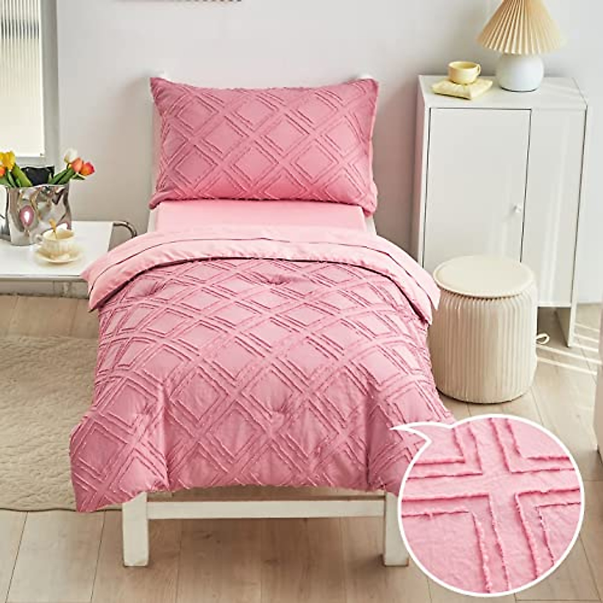 4 Pieces Tufted Toddler Bedding Set Solid Pink Jacquard Tufts, Soft and Embroidery Shabby Chic Boho Bohemian Design for Baby Girls, Includes Comforter, Flat Sheet, Fitted Sheet and Pillowcase
