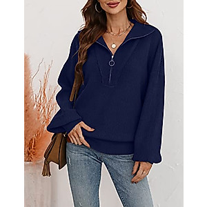 NATACATA Women's Half Zip Pullover Sweater Balloon Long Sleeve V Neck Collar Oversized Knit Fall Winter Tops Navy S