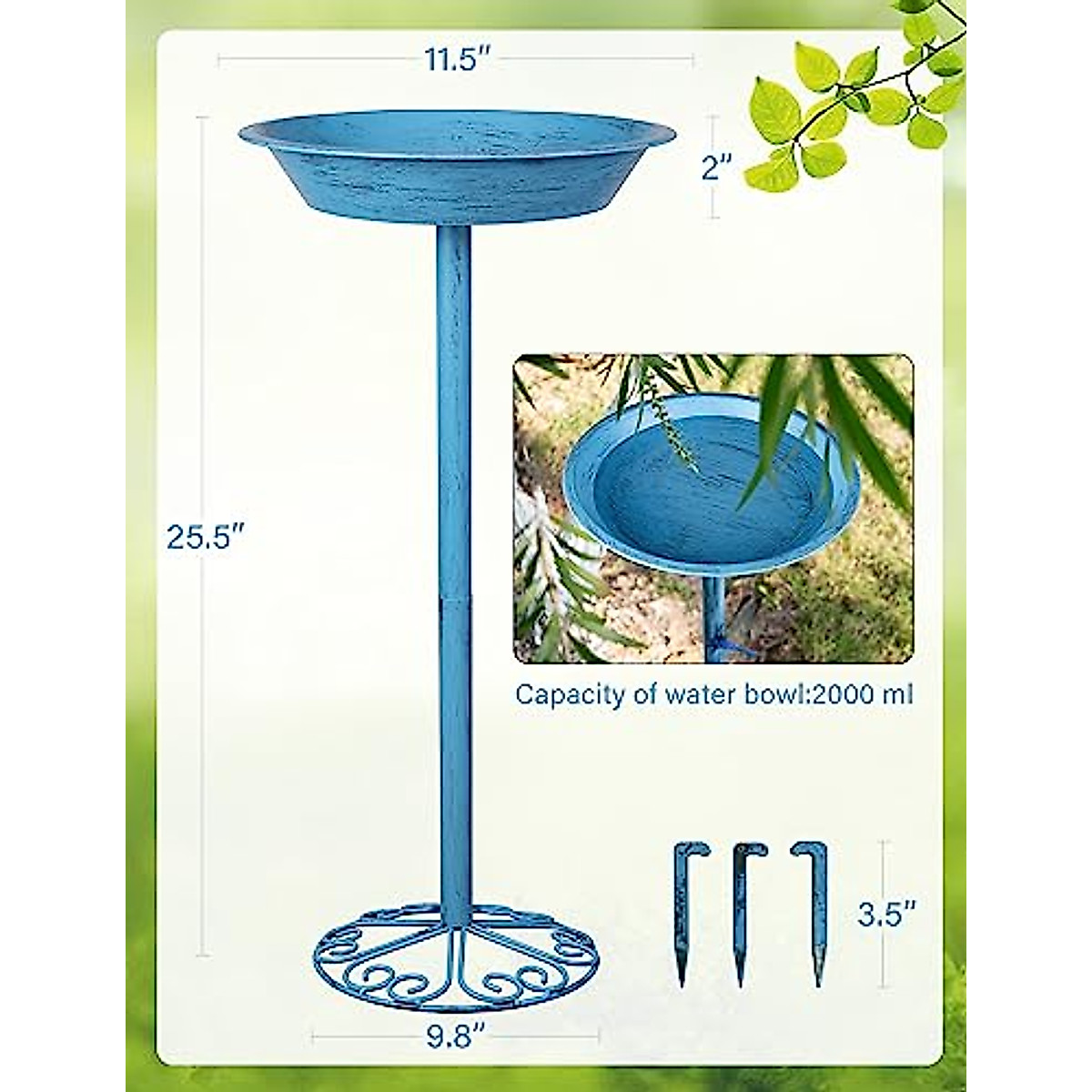 Bird Baths for Outdoors 25.5 Inch Height Outdoor Garden Bird Feeder Metal Birdbath with Dragonfly for Garden Yard and Lawn Decoration,Blue