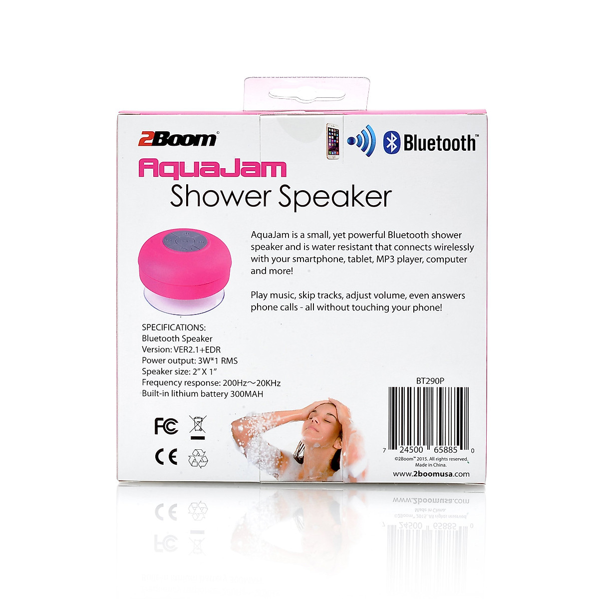 2BOOM Aqua Jam Portable Bluetooth Wireless Water Resistant Shower Speaker with Suction Cup Pink