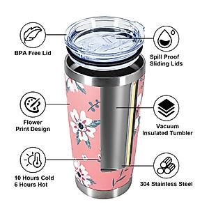 20oz Tumbler with Lid and Straw, Flower Coffee Mug Double Wall Vacuum Insulated Travel Mug Floral Cup Stainless Steel Water Bottle Reusable Tumblers with Car Coaster for Ice Drinks, Hot Beverage, Pink
