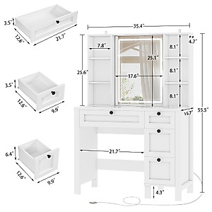 FIONESO Vanity Desk, Makeup Vanity with Glass Tabletop & Power Outlet, Vanity Desk with Mirror and Lights, Makeup Vanity Desk with 4 Drawers & 6 Shelves, Vanity Set for Bedroom, White