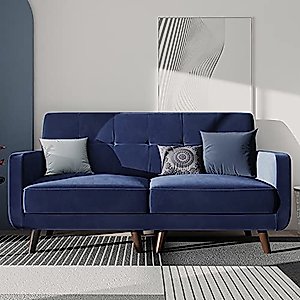 HONBAY Upholstered Loveseat Blue Velvet 2 Seater Sofa Loveseat with Tufted Back, Living Room, Apartment, Office, 62.2''