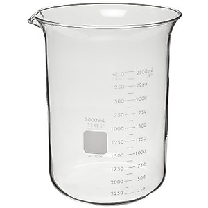 Corning Pyrex 1000-3L Glass 3 Liter Graduated Low Form Griffin Beaker, 125mL Graduation Interval, with Double Scale