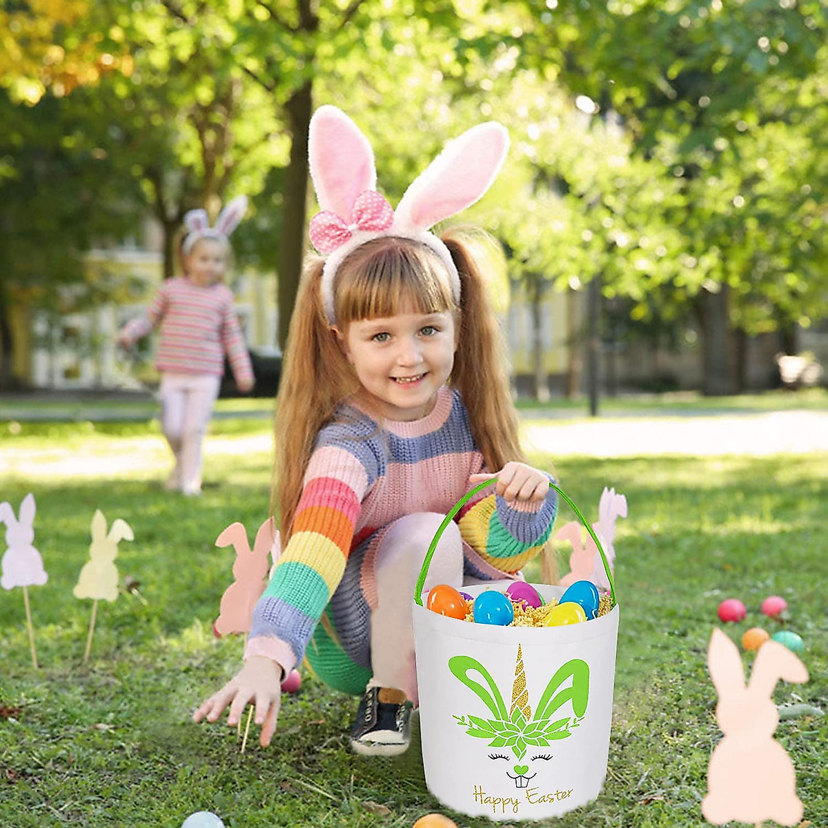 Kids Easter Bunny Basket Canvas Egg Candy Bags Cotton Rabbit Buckets Gifts