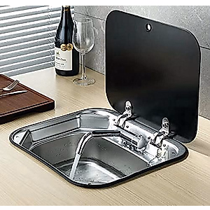 RV Sink Kitchen Bar Sink RV Stainless Steel Hand Wash Basin Sink with Folded Faucet Tempered Glass Lid Washbasin for Camper, Trailer, Caravan, RV, Home, Cafe, Bar, Boat