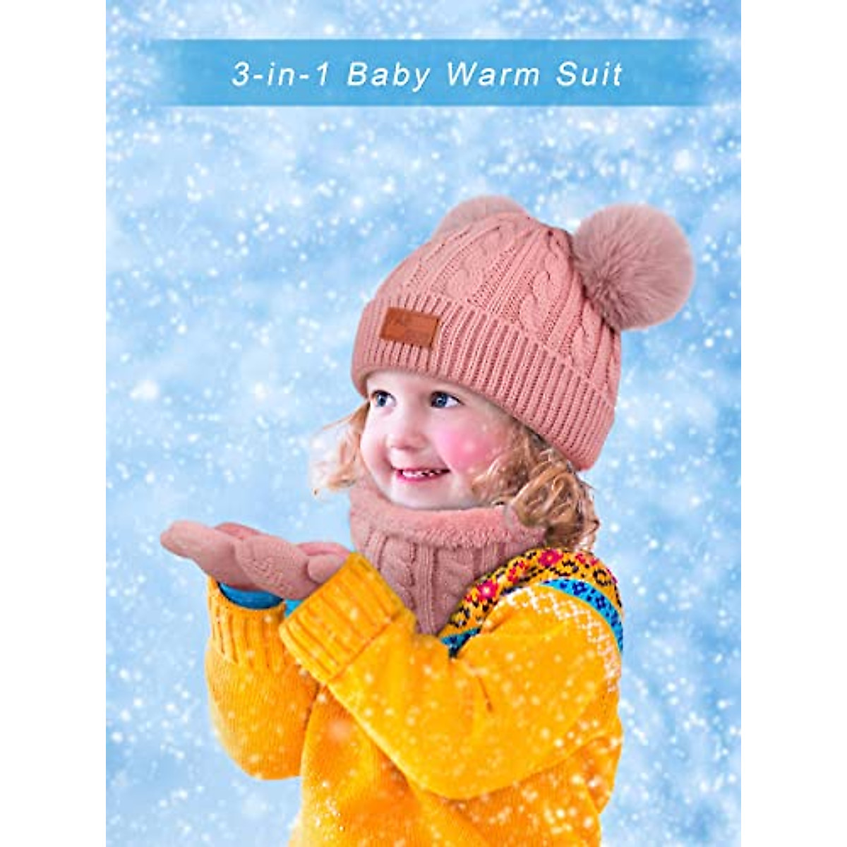 Cooraby 3 Pieces Toddler Winter Knitted Hat Scarf Gloves Set Knit Fleece Lined Thermal Set for Boys Girls, Coral