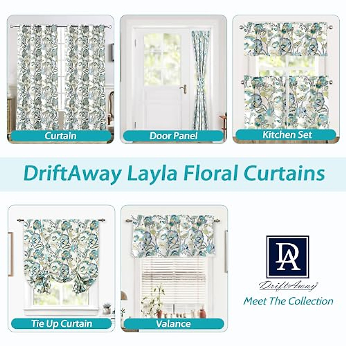 DriftAway Layla Classic America Style Floral Leaves Room Darkening Window Curtain Valance Rod Pocket 52 Inch by 18 Inch Plus 2 Inch Header Ivory Teal Gray 2 Pack