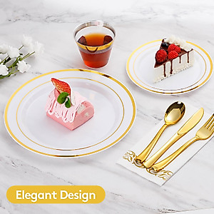 Goodluck 700 Piece Gold Dinnerware Set for 100 Guests, Disposable for Party, Include: 100 Gold Rim Dinner Plates, 100 Dessert Plates, 100 Paper Napkins, 100 Cups, 100 Gold Plastic Silverware Set