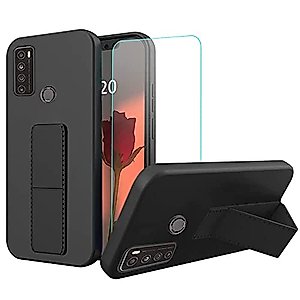 Case for TCL 30XL 30 XL T701DL Phone Case,Stand Case with Tempered Glass Screen Protector Hide Telescopic Folding Kickstand Shockproof Protective Cover Silicone TPU Case for TCL 30 XL 30XL - Black