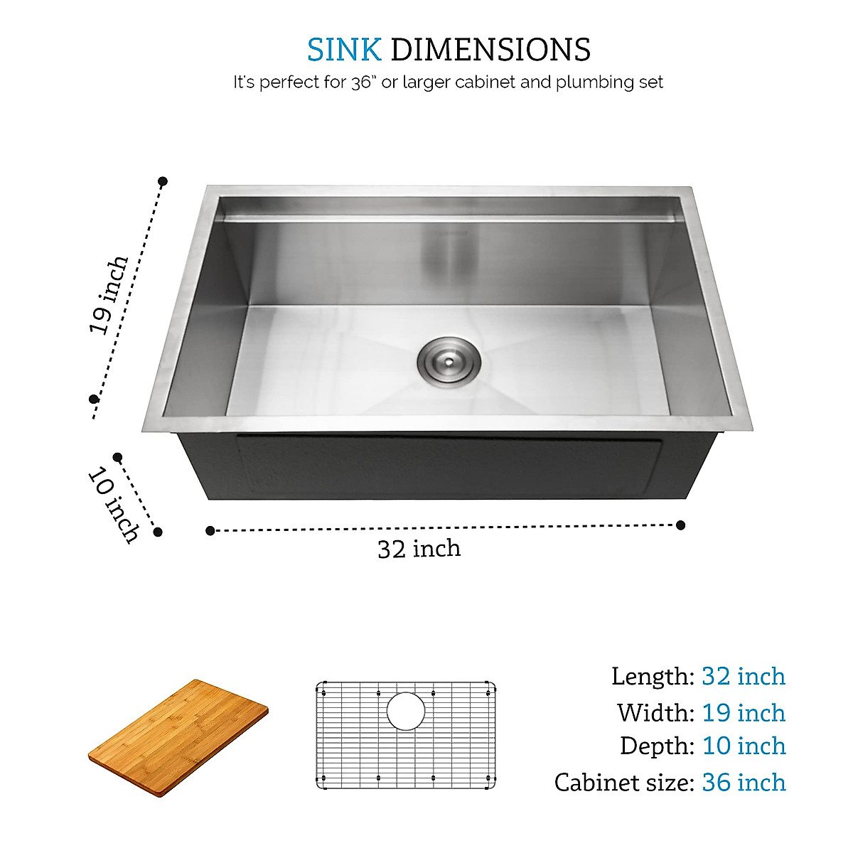 KABCO ZR-LEDGE 32 Inch Station Single Bowl 16 Gauge Stainless Steel Kitchen Sink Work Station Undermount Package 32 inch Wide 10 inch deep 304SS K-SS0RLE32-PKG