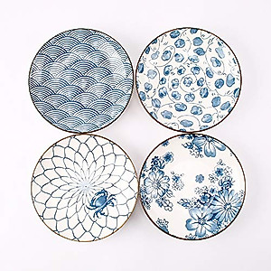 YALONG Ceramic Japanese Dinner Plates Set 7 Inch Appetizer Shallow Plates Serving Lunches, Cheese Salad, Dessert Set of 4 Assorted Motifs Microwave & Dishwasher Safe