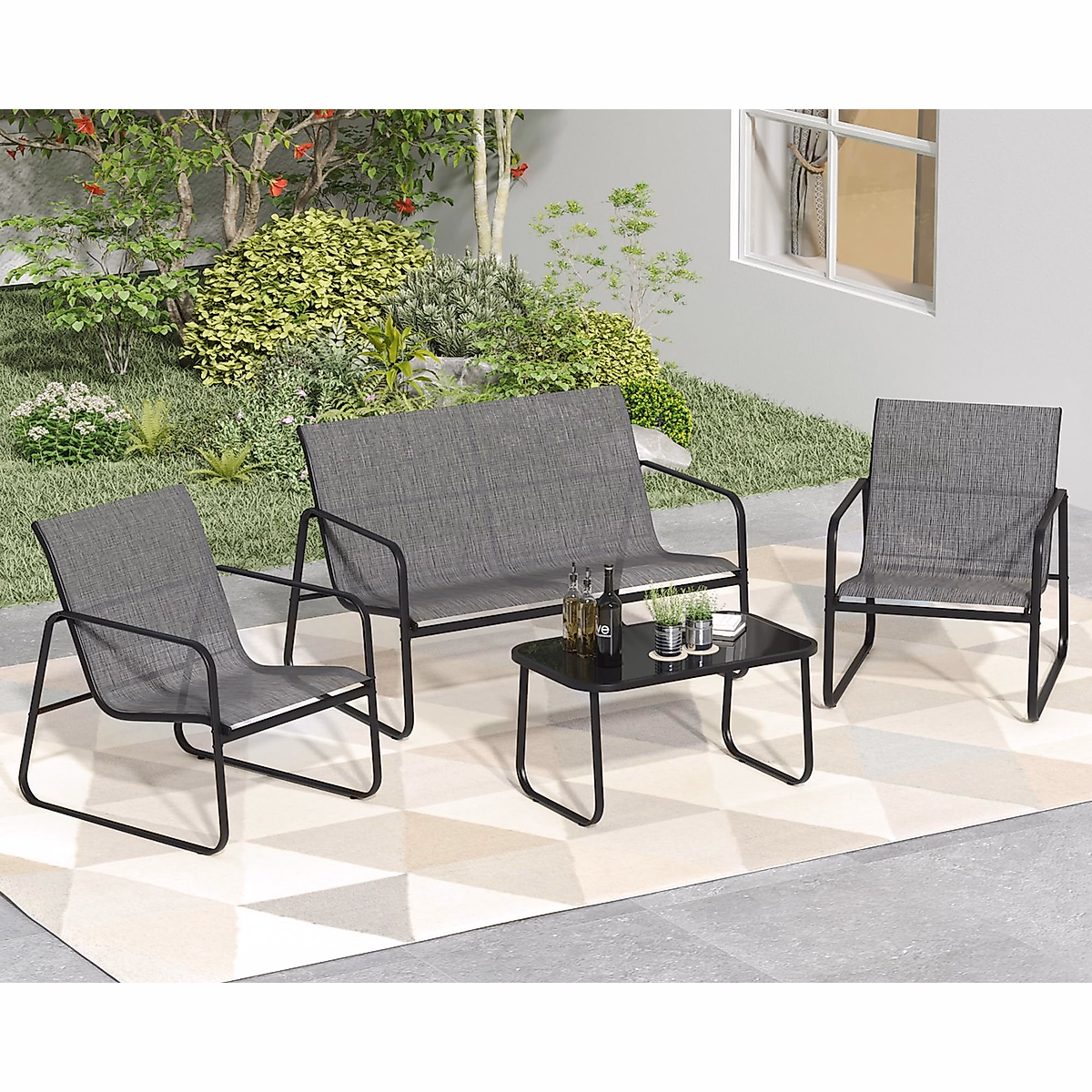 PIZZELLO 4 Pieces Patio Furniture Set Outdoor Garden Patio Conversation Sets with 2 Porch Chairs, Loveseat and Glass Coffee Table, Textilene Bistro Set (Black and Grey)