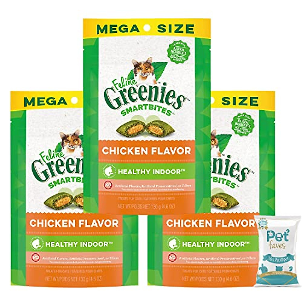 (3 Pack) Greenies Feline SMARTBITES Healthy Indoor , Chicken 4oz, with 10ct Pet Wipes