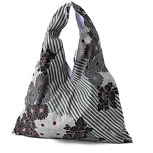 Japanese Furoshiki tote bag (Retro Flower - Black) Kimono Bag/Made in Japan 100% Cotton Fabric Reusable Folding Bag with Pockets