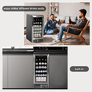 Beverage Refrigerator,ROCSUMOO15 Inch Beverage Refrigerator, 130 Cans Quiet Beverage Fridge, 15'' Beverage Cooler Under Counter with Glass Door and Lock for Built-in