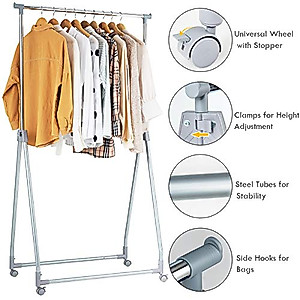 Tangkula Extendable Garment Rack, Heavy Duty Foldable Clothes Rack with Adjustable Hanging Rod, Rolling Clothes Hanger for Home Office (Silver)