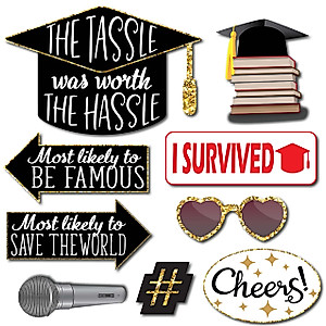 Graduation Photo Booth Props - 41-pc Photobooth Kit with 8 x 10-Inch Sign, 60 Adhesive Pads, 45 Sticks - Graduation Props - Graduation Picture Props - Grad Photo Booth Props