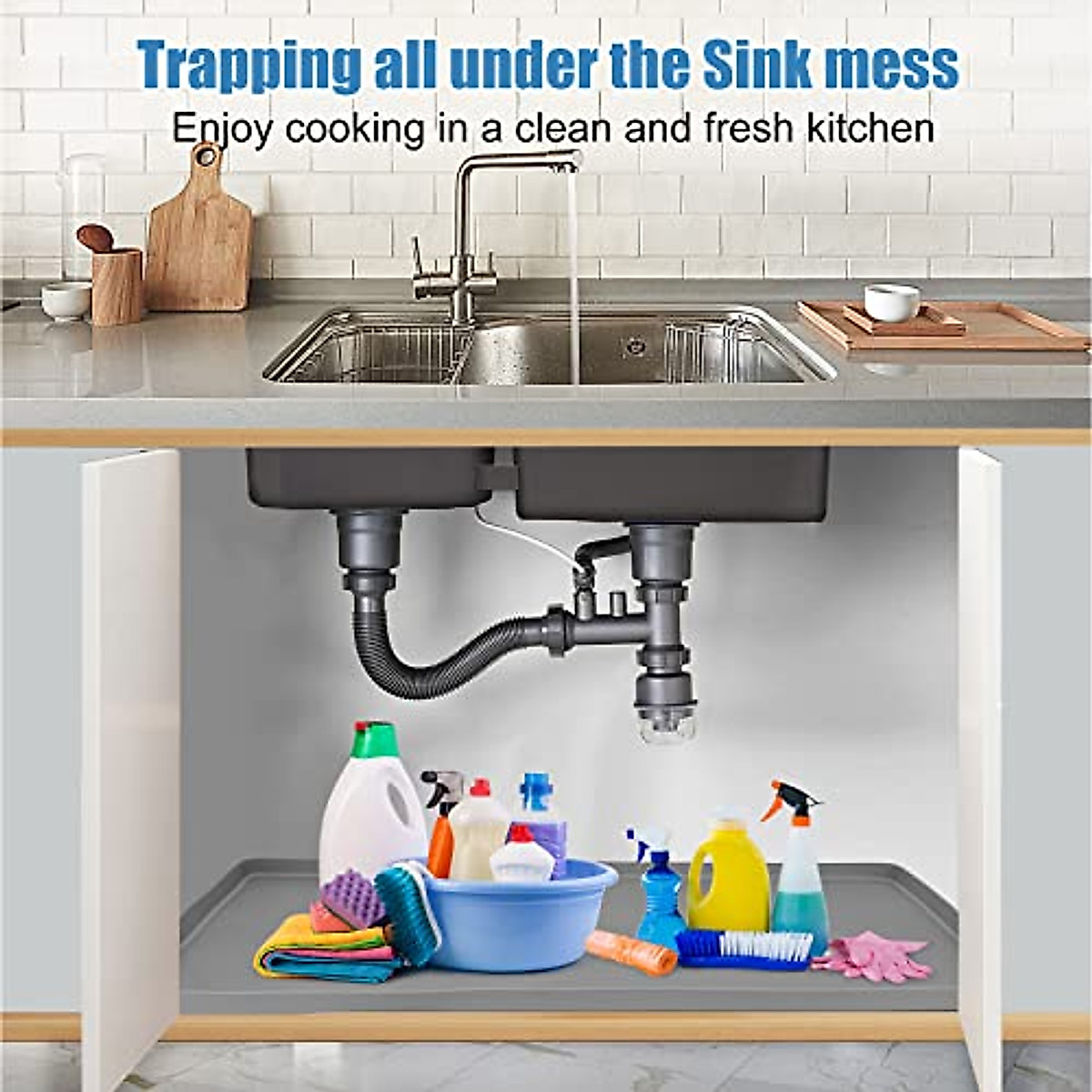 BEESVO Under Sink Mat Kitchen & Bathroom Cabinet Liner, 34" x 22" Silicone Waterproof Under Sink Drip Tray, Hold up to 3.3 Gallons Liquid, Cool Grey