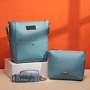 Wrangler Bucket Handbags for Women Crossbody Purse with Guitar Strap and Hobo Bag Organizer Insert Tote Oversized Blue WG67-9182BL