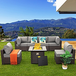 Rattaner 7 Pcs Outdoor Sectional Patio Couch 50000 BTU Wicker Propane Fire Pit Table Outdoor Furniture Set with 30 Inches Fire Pit with No-slip 5" Cushions and Waterproof Covers, Grey
