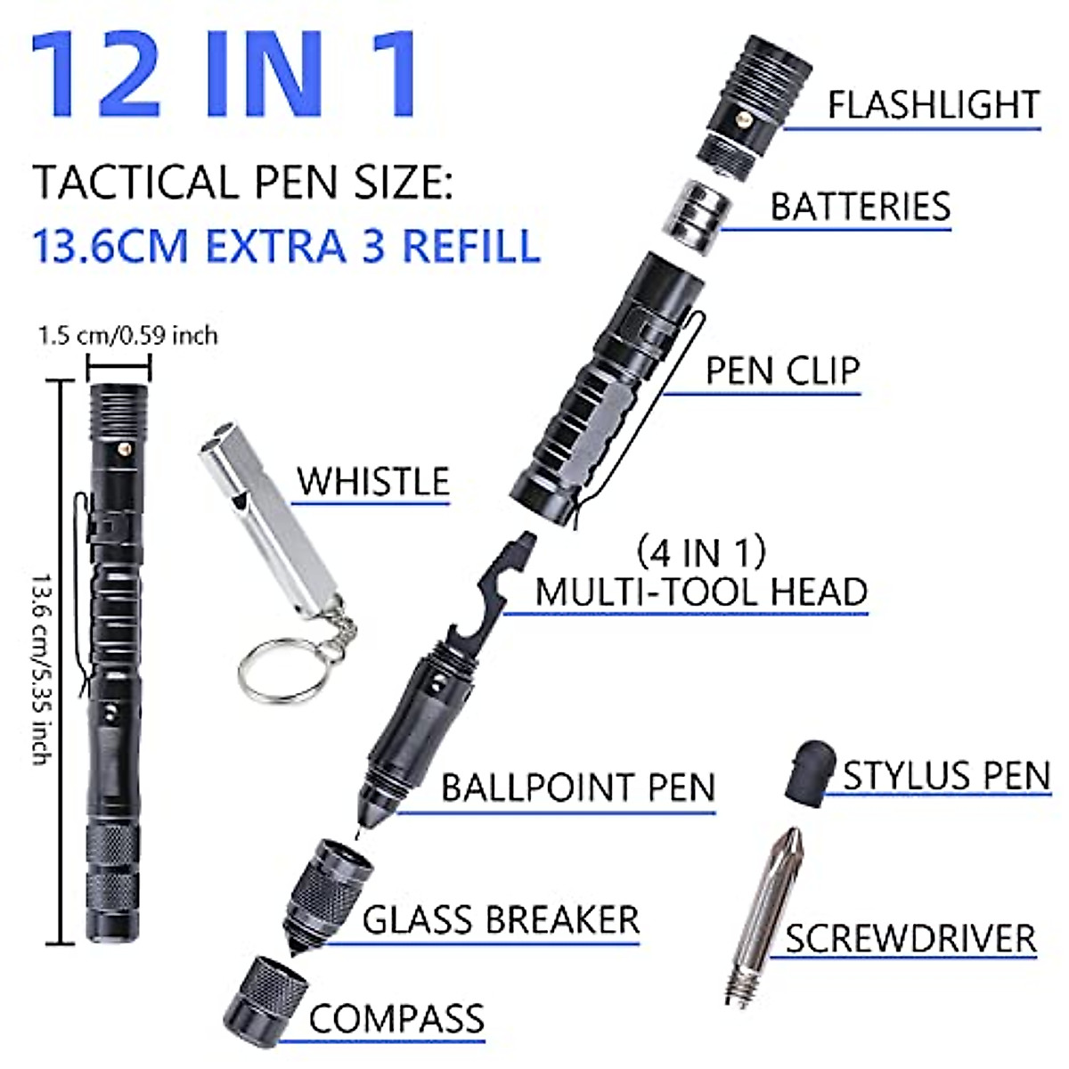 Multitool Tactical Compass Pen Screwdriver Opener with Flashlight,Emergency Whistle Writing Ballpoint Pen and More,Stocking Stuffers for Men, Christmas Gifts for Men Dad,Including Gift Box and bowknot