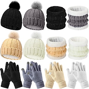 12 Pcs Winter Beanie Hat Scarf Touchscreen Gloves Set Fleece Lined Knit Beanie Hat Neck Warmer Scarf for Men Women (Black, White, Beige, Gray)