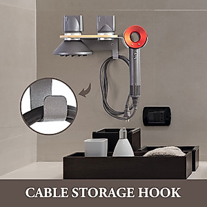 MyGift Wall Mounted Solid Beech Wood 6-in-1 Hair Dryer Storage Holder for Dyson Supersonic Hair Dryer with Stainless Steel Hook and Magnetic Rings for Hair Dryer, Diffuser, 3 Nozzles, and Power Plug