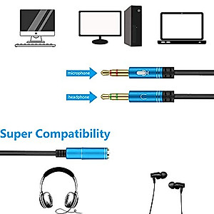 Headset Splitter Adapter for PC, Y Splitter Cable with Audio/Mic, 3.5mm Jack Headphone Adapter for Computer (Female to 2 Dual Male/Blue)