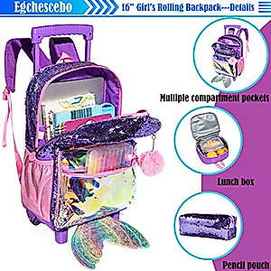 kids Rolling Kid Travel Toddler Duffle Bag Mermaid Backpack for Girls Carry on Luggage Roller Computer Suitcase with Pencil Case and Lunch Box Wheels Wheeled Sequins Backpacks Gradient Purple