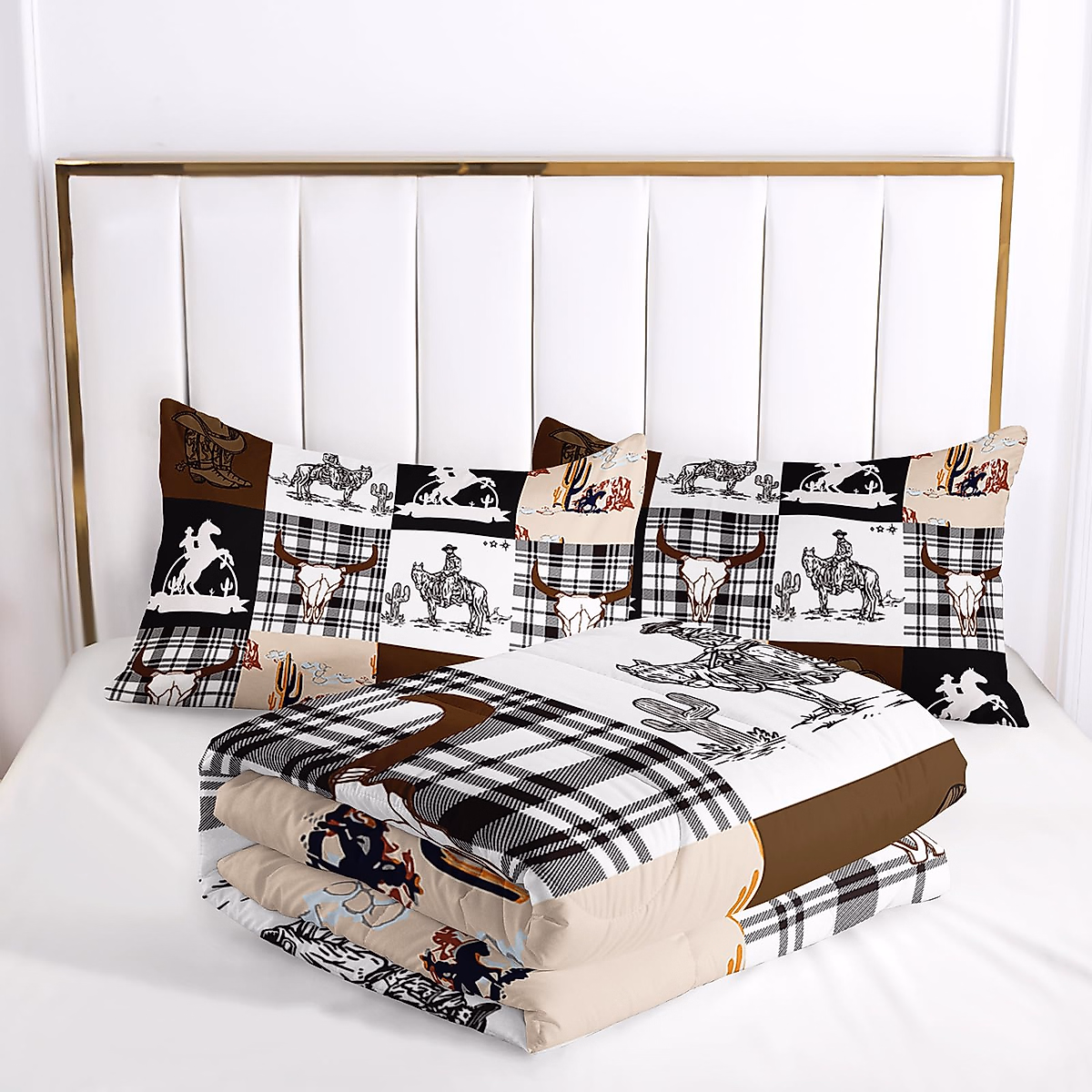 Ntlfup Western Cowboy Comforter Set Queen Size, Bull Skull and Horse Print Quilt Set with 2 Pillowcases, Bedroom Decor for Kids Boys Teens