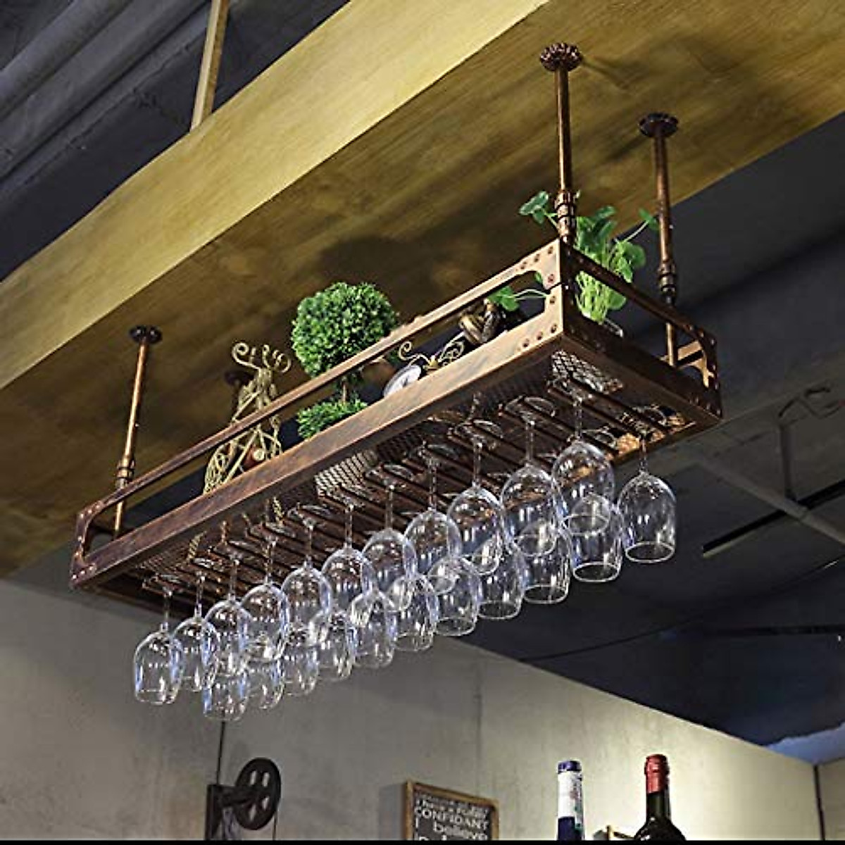European Hanging Red Wine Glass Rack Upside Down Wine Rack Bar Wrought Iron Goblet Rack Creative Wine Cabinet Decoration Hanger J1031, PIBM, Bronze, 120 * 35cm